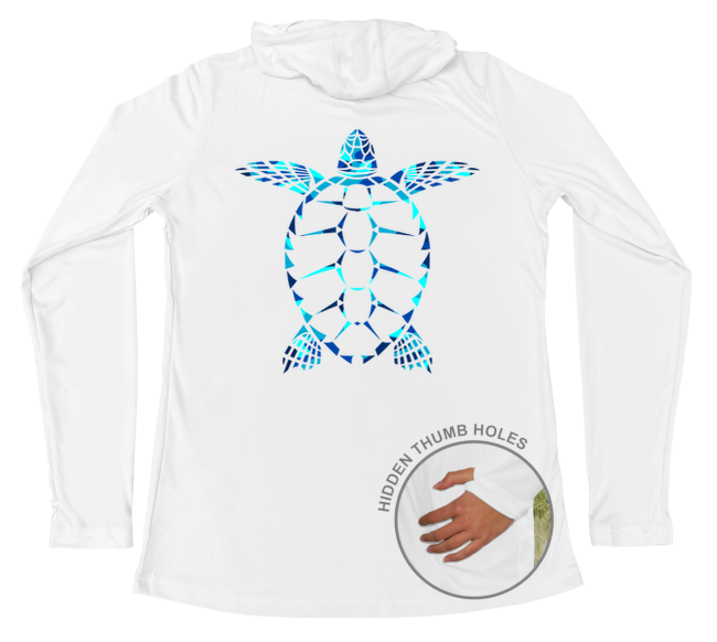 Womens Long Sleeve Water Camouflage Sea Turtle Hooded Sun Shirt – Shark Zen